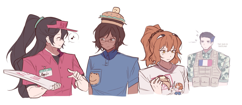 Safebooru - blue shirt blush burger burger hat camouflage closed eyes ...