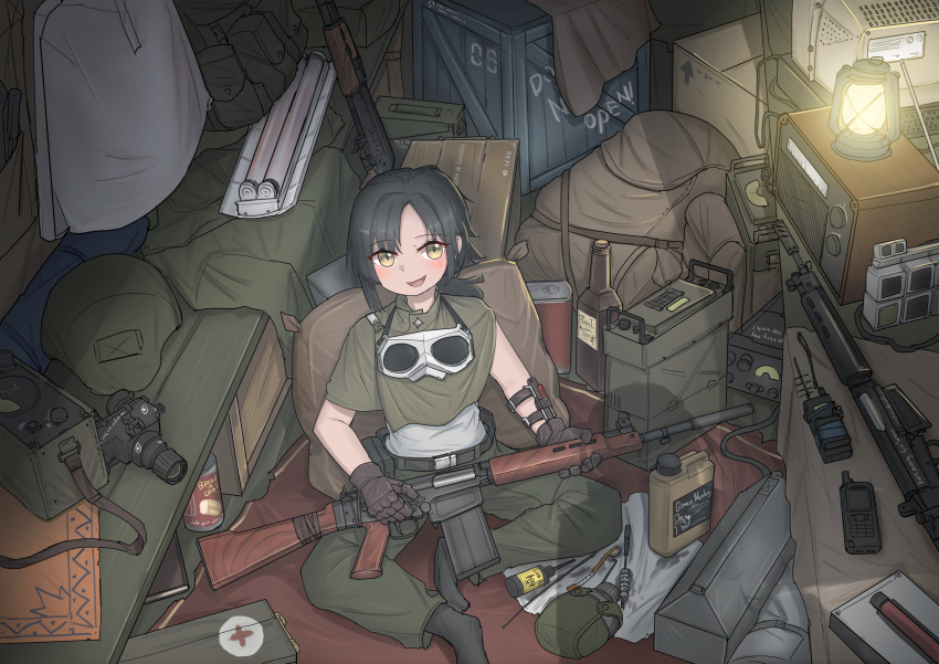 Safebooru - 1girl akm assault rifle backpack bag battle rifle bed belt blush box bread camera ...