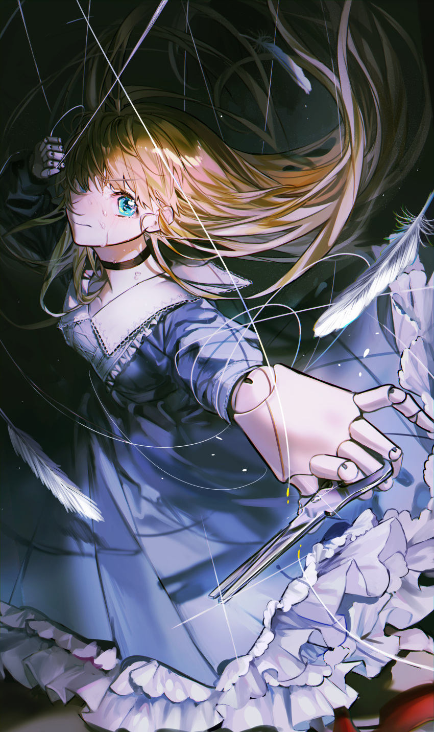 Safebooru - 1girl absurdres black background black choker blue dress blue eyes brown hair choker ...