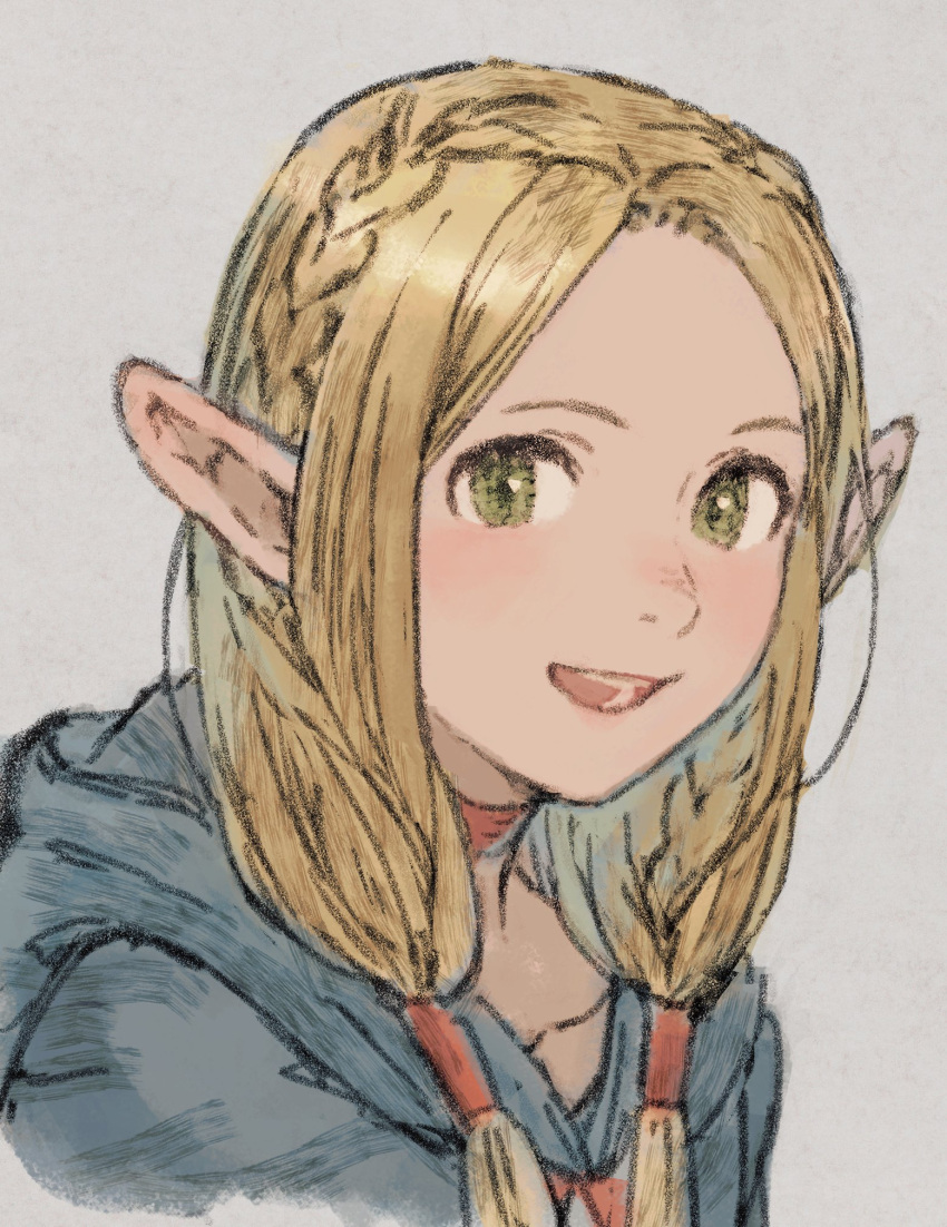 Safebooru - 1girl blonde hair braid crown braid dungeon meshi green eyes grey background hair ...