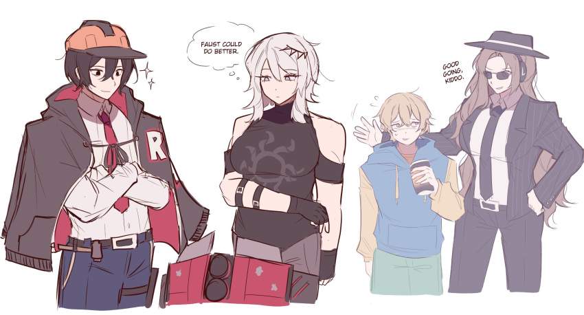 Safebooru - 2boys 2girls bare shoulders black gloves black jacket black ...