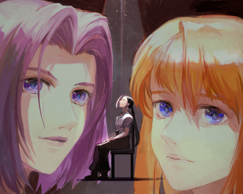 Safebooru - 1boy 2girls black hair black pants blue eyes blue pupils ...