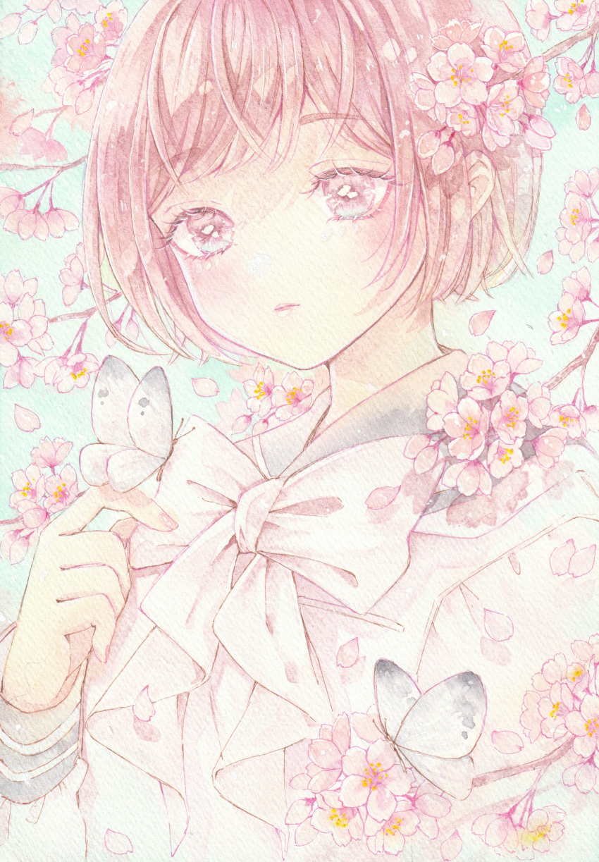 Safebooru - 1girl absurdres amu (m aa) bob cut bow bowtie bug butterfly butterfly on hand cherry ...