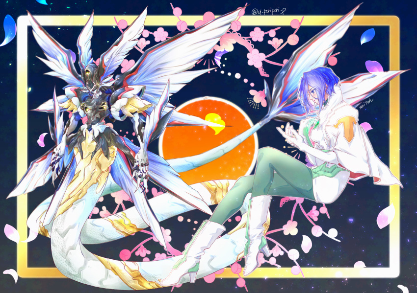 Safebooru - 1girl artist name boots border capelet cherry blossoms ...