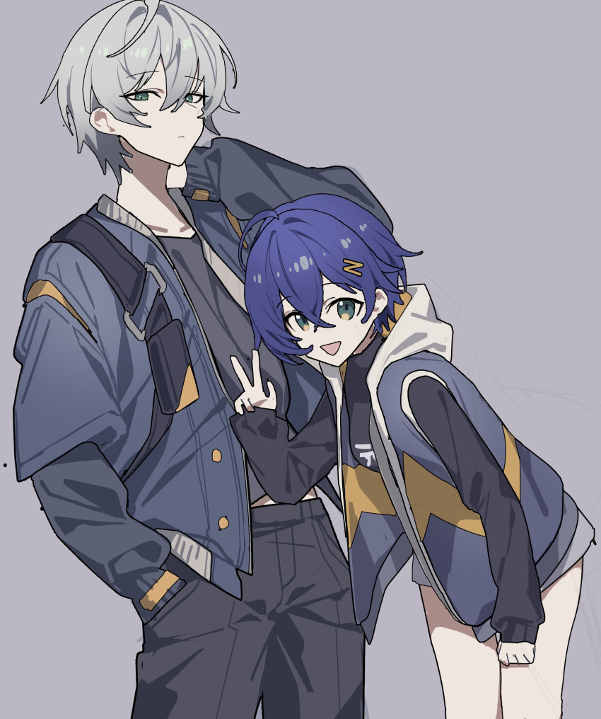 Safebooru - 1boy 1girl :d absurdres belle (zenless zone zero) black shirt blue hair brother and ...