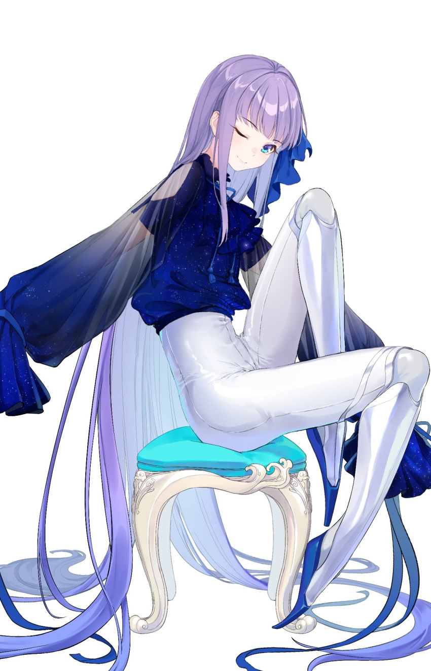 Safebooru - 1girl absurdly long hair alternate costume blue dress blue eyes blue ribbon chair ...