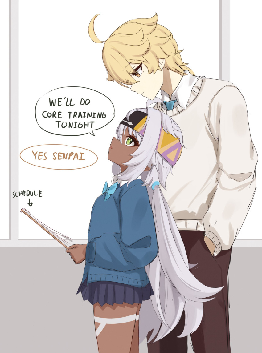 Safebooru - 1boy 1girl aether (genshin impact) ahoge black pants blonde hair blue bow blue ...