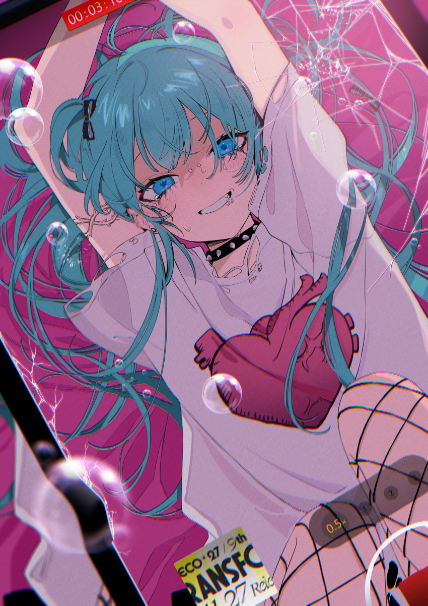 Safebooru - 1girl absurdres aqua hair arm tattoo arms up blue eyes blurry blurry background ...