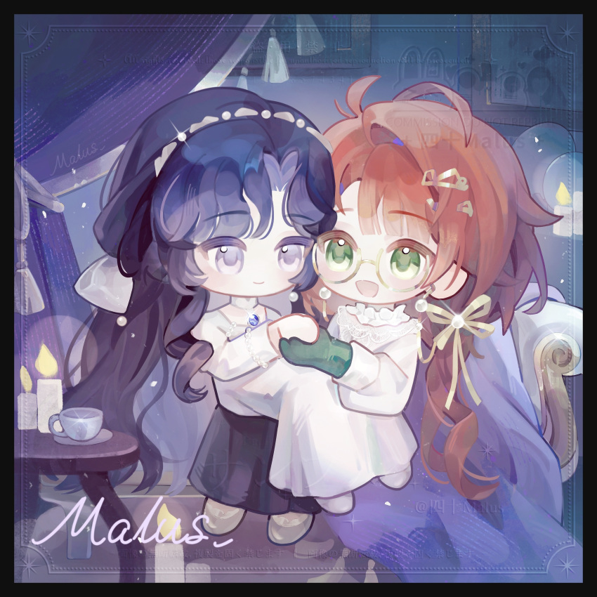 Safebooru - 2girls absurdres artist name black border black hair black ...