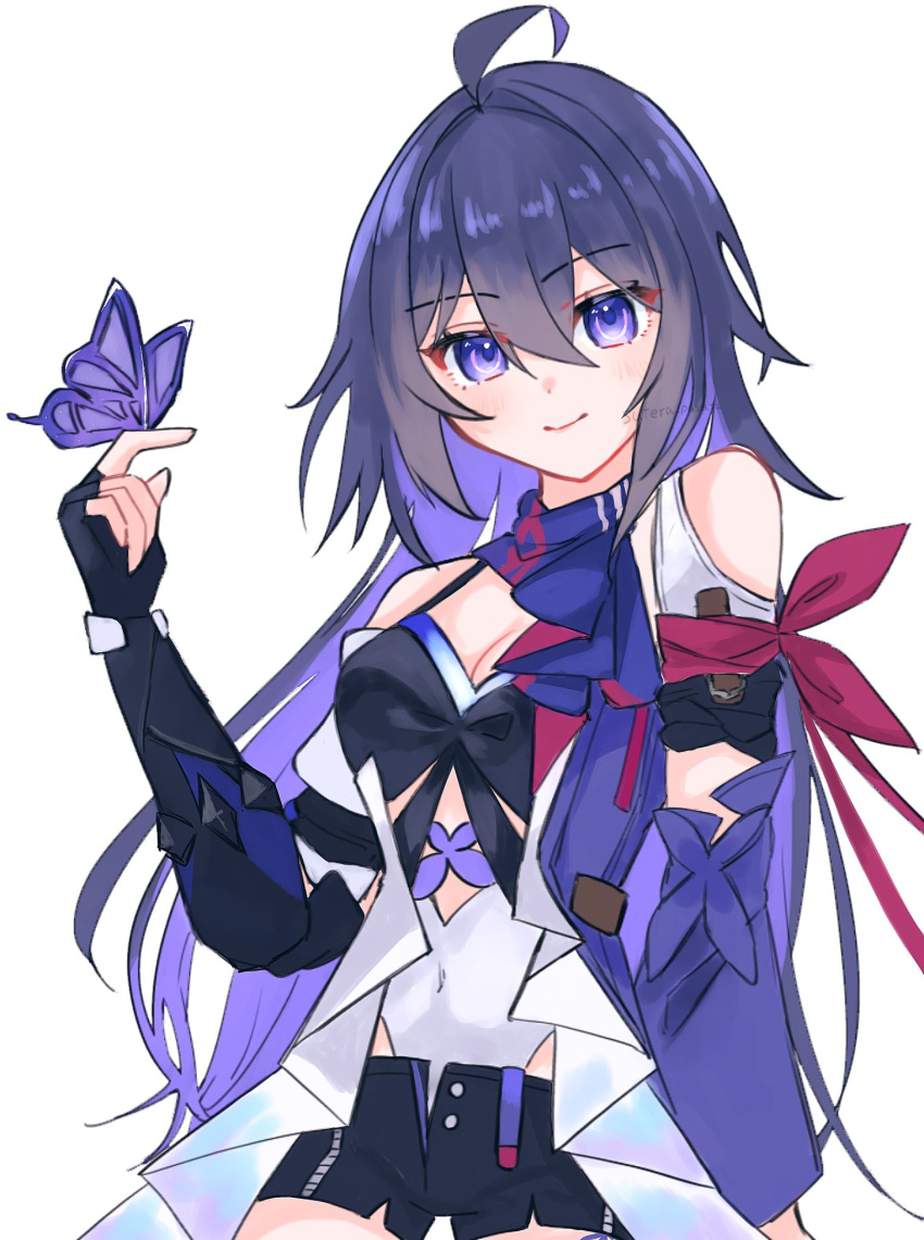 Safebooru - 1girl ahoge arm scarf black shorts blue butterfly blue eyes blue hair bug butterfly ...
