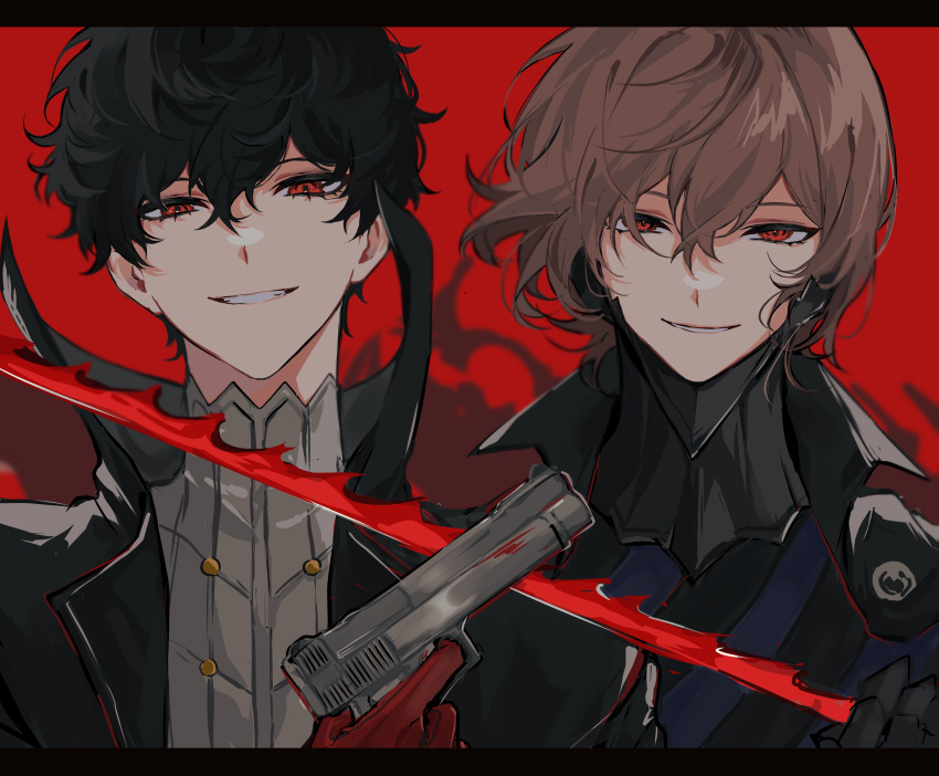 Safebooru - absurdres akechi gorou amamiya ren black gloves black hair brown hair coat gloves ...