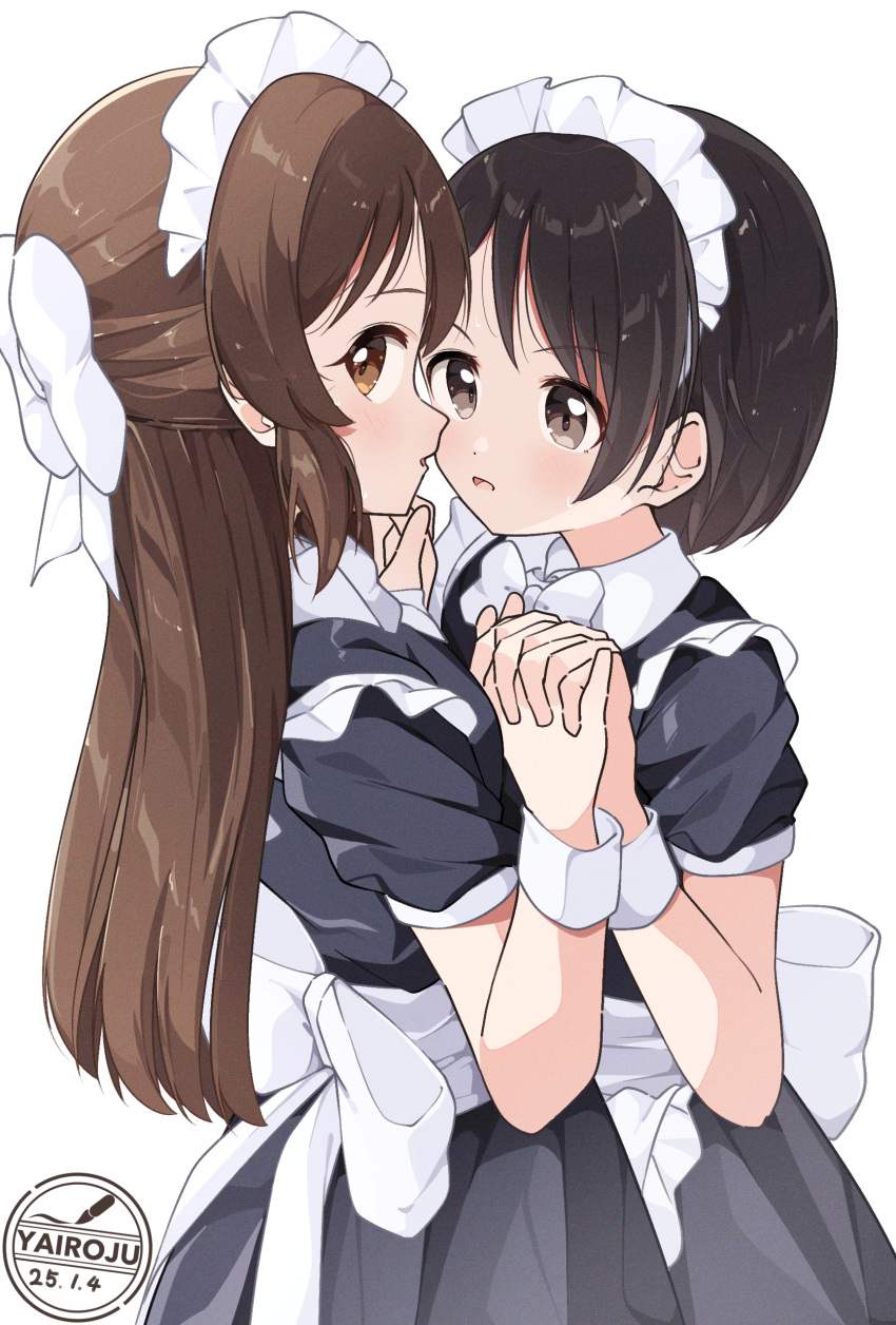 Safebooru - 2girls absurdres alternate costume apron artist name back bow black dress black hair ...