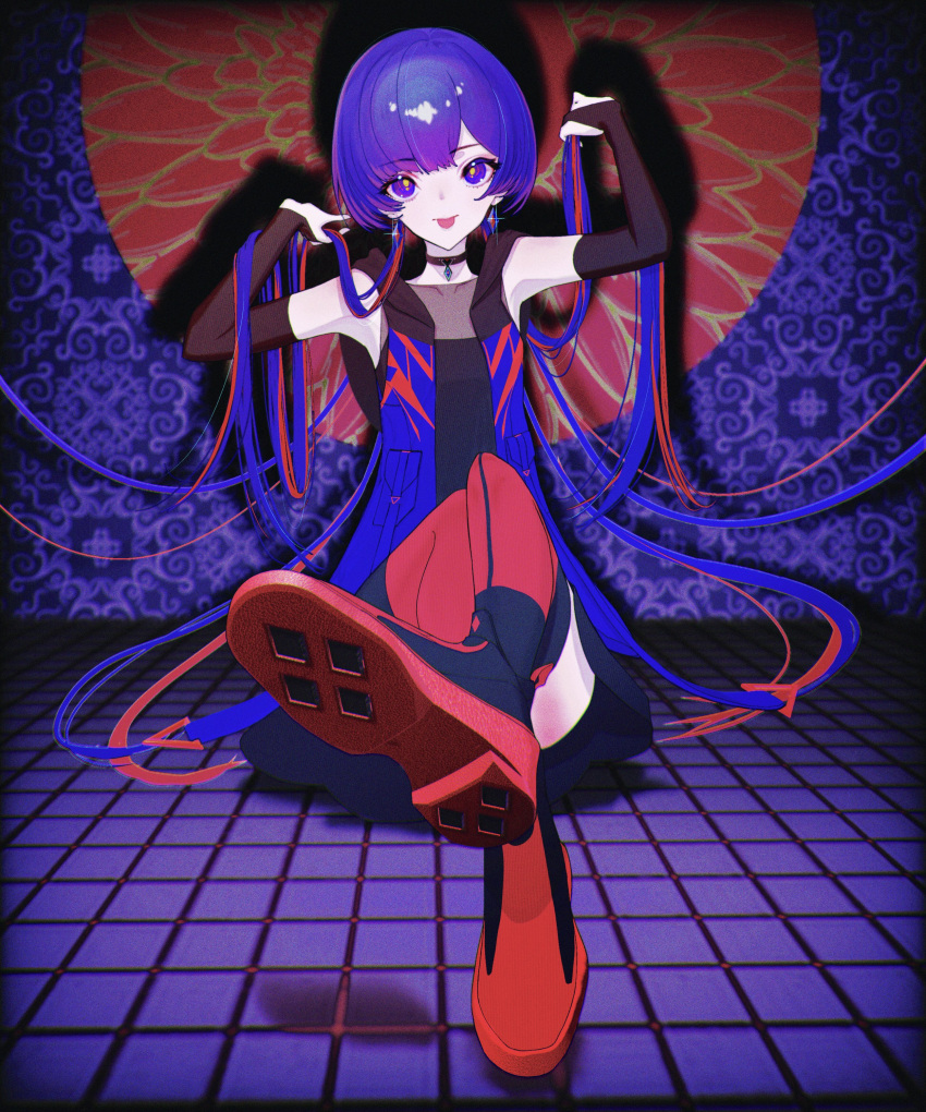 Safebooru - 1girl absurdres adjusting hair ankle boots black shirt blue eyes blue hair blunt ...