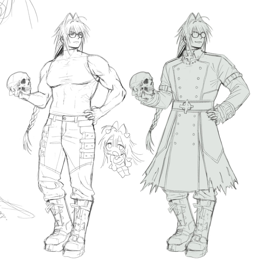 Safebooru - 1boy 1girl ahoge boots braid chibi closed mouth coat cross ...