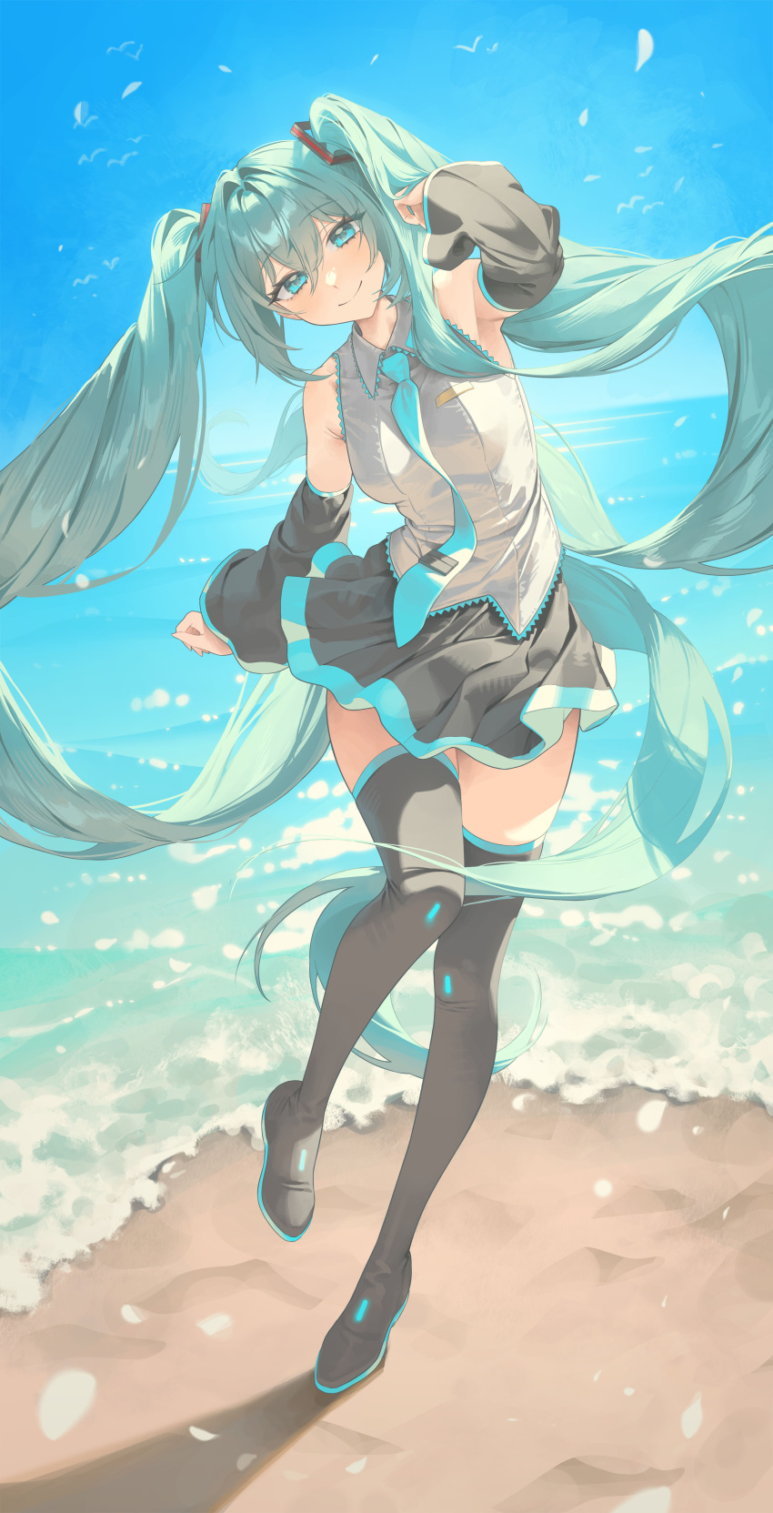 Safebooru - 1girl absurdres aqua eyes aqua hair aqua necktie armpit crease bare shoulders beach ...