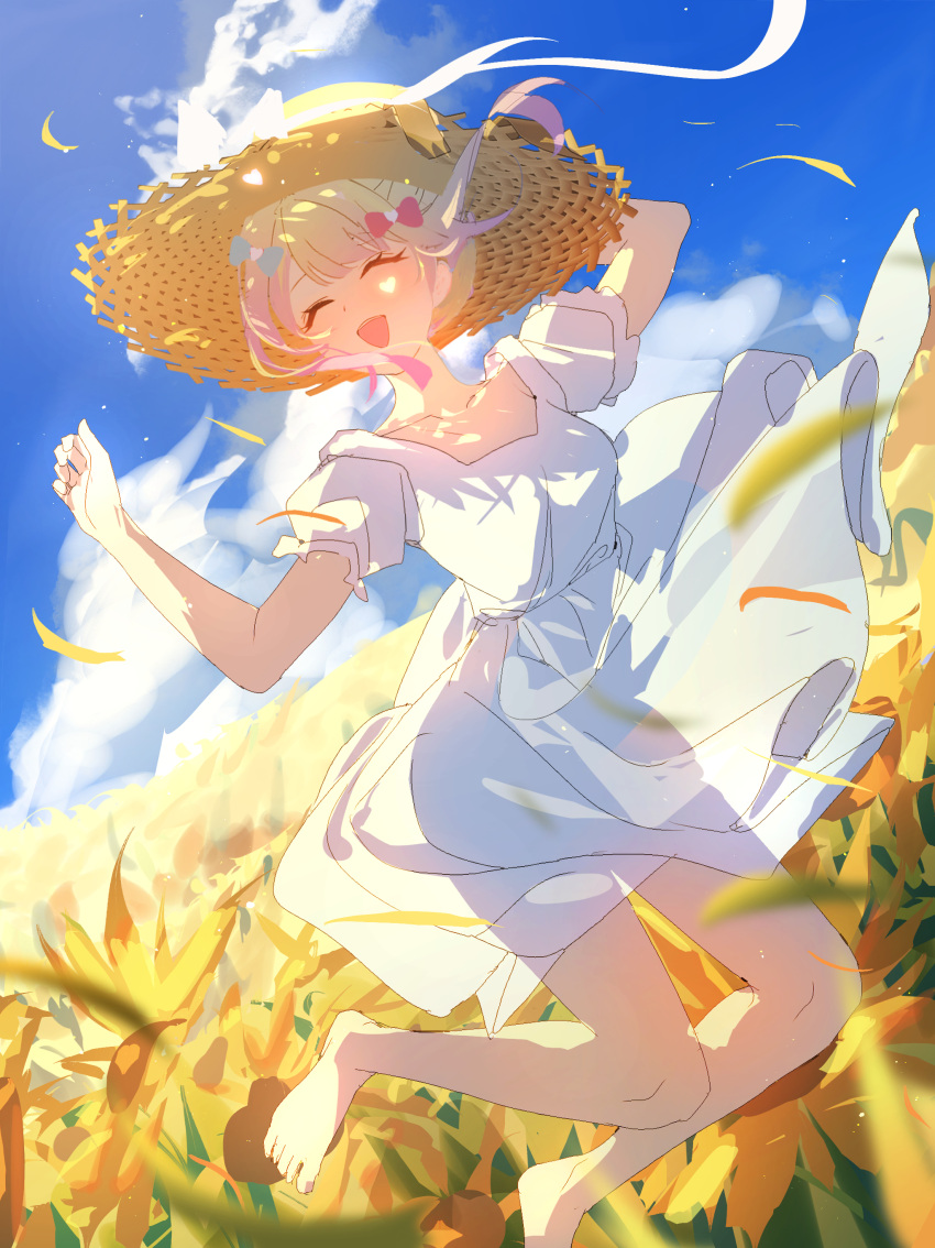 Safebooru - 1girl absurdres arm up barefoot blonde hair chouzetsusaikawa tenshi-chan closed eyes ...