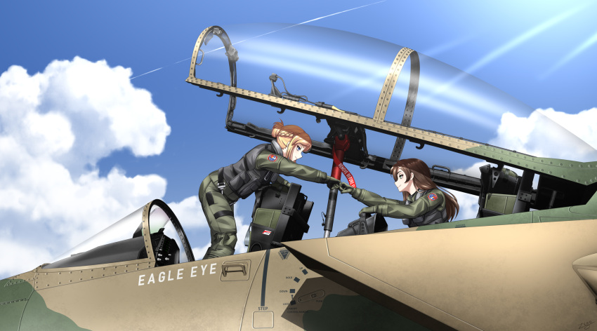 Safebooru - 2girls aircraft airplane black vest blonde hair blue eyes blue sky brown hair canopy ...