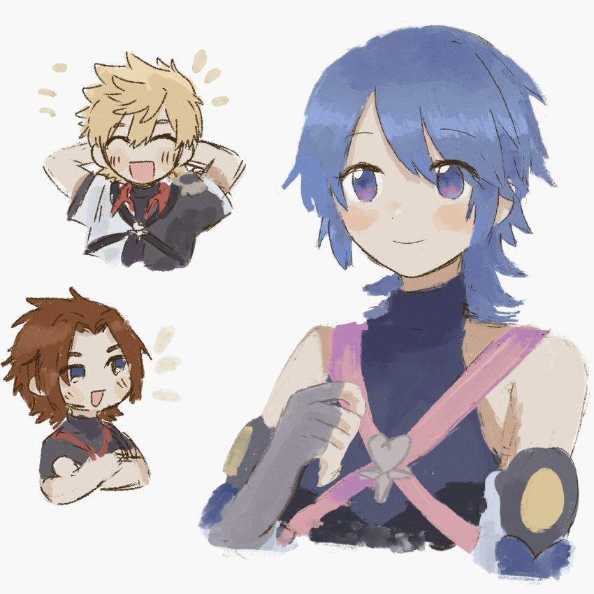 Safebooru - 1girl 2boys :d aqua (kingdom hearts) blonde hair blue eyes blue hair brown hair ...