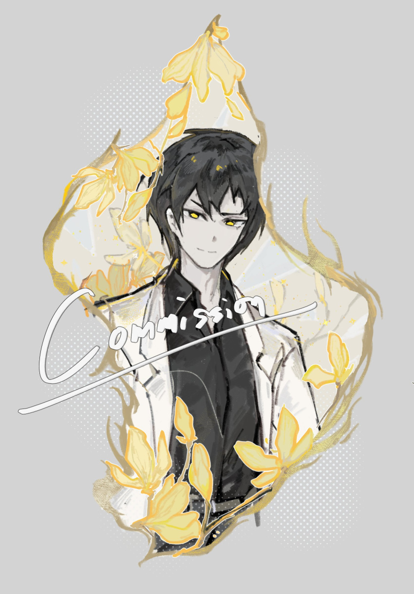 Safebooru - 1boy ayin (project moon) black hair black shirt coat collared shirt flame print ...