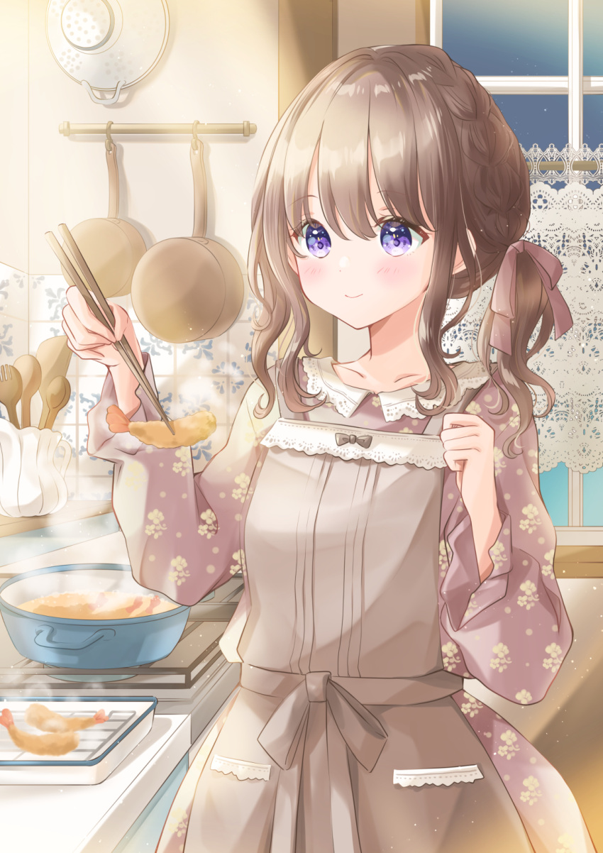 Safebooru - 1girl apron blush braid brown apron brown hair chopsticks closed mouth collarbone ...