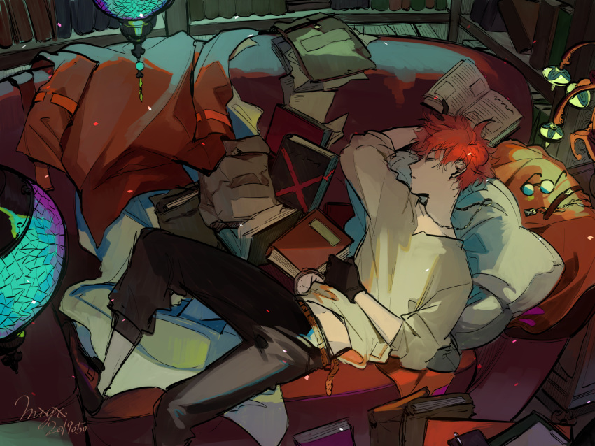 Safebooru - 1boy belt black gloves black pants black shoes book brown belt closed eyes coat ...