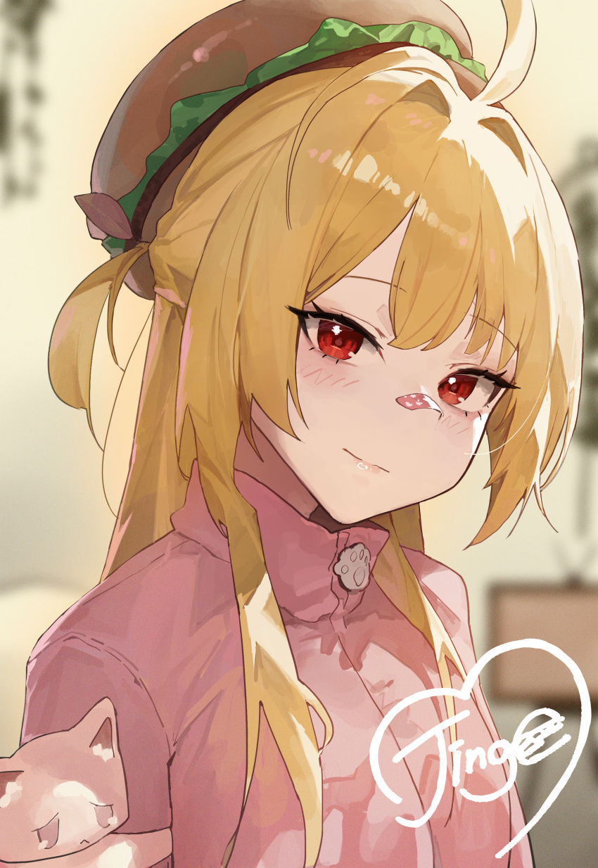 Safebooru - 1girl absurdres ahoge beret blonde hair blurry blurry background blush brown hat cat ...