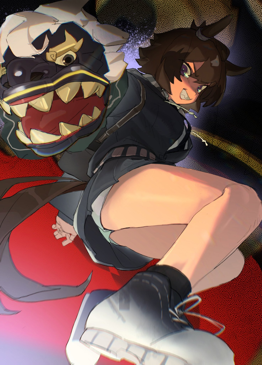 Safebooru - 1girl animal ears backpack bag black socks breasts brown hair ear ornament grey ...