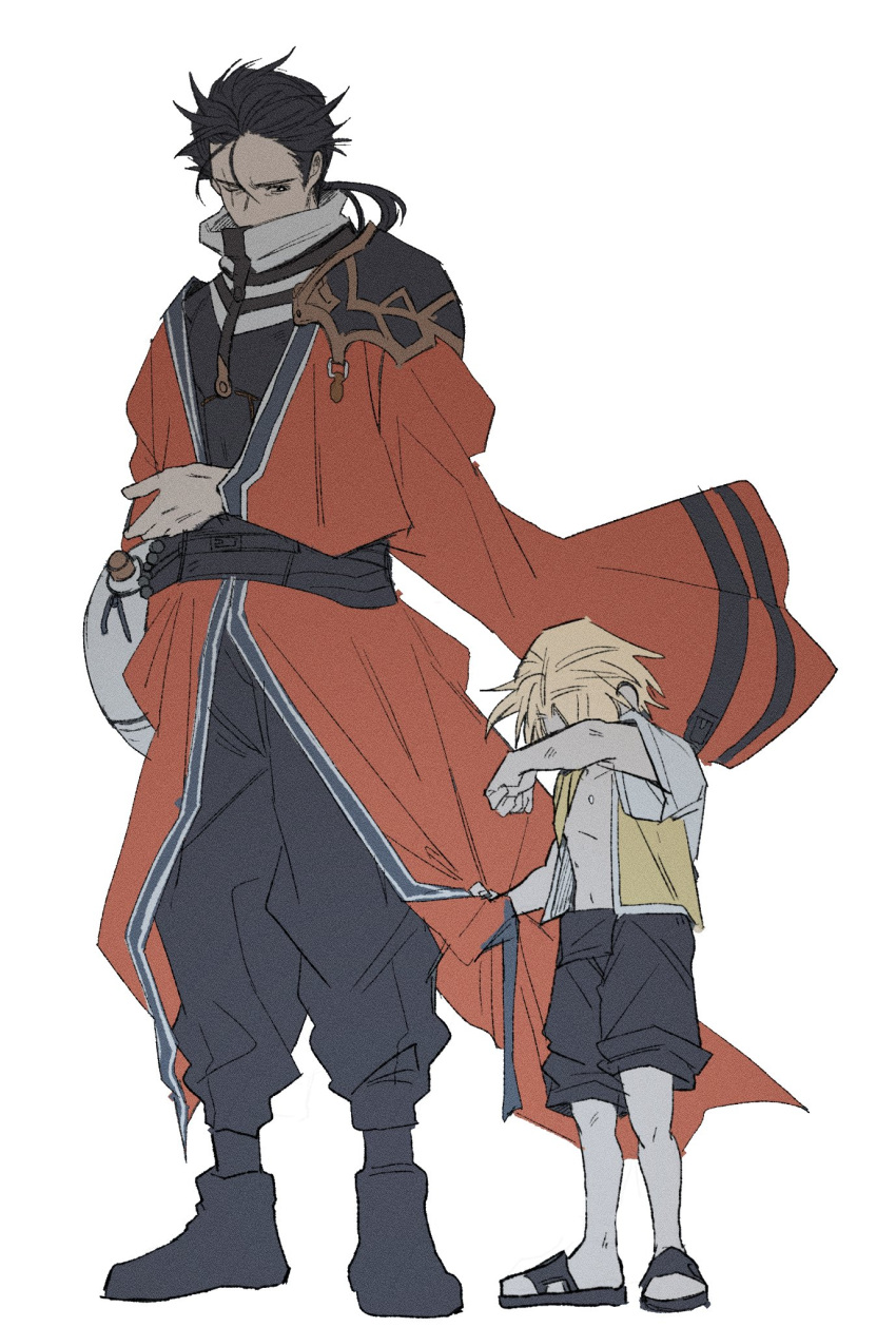 Safebooru - 2boys aged down arm sling auron black hair blonde hair ...
