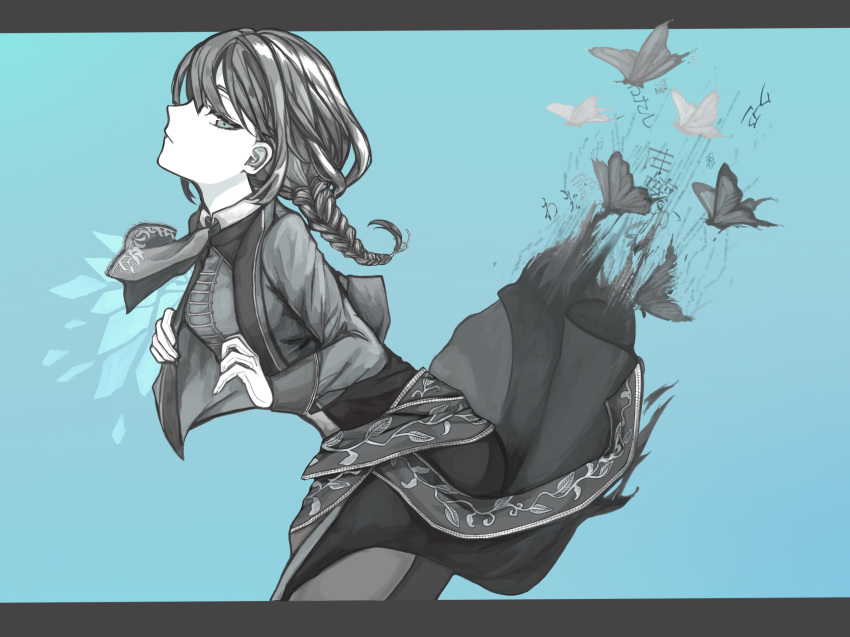 Safebooru - 1girl alter ego (game) black eyes black hair blue background blue eyes braid braided ...