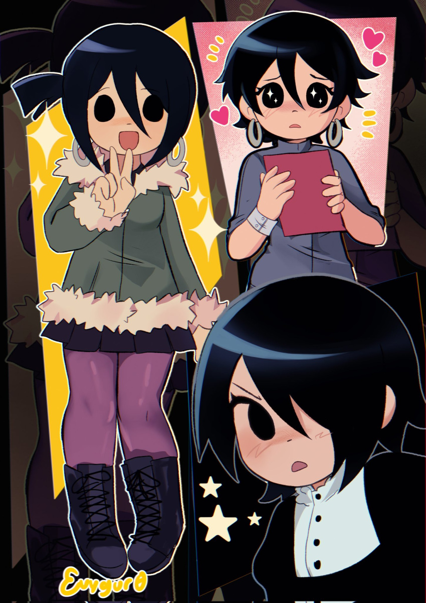 Safebooru - 1boy 1girl black eyes black hair blush book boots earrings evygur0 fur trim heart ...