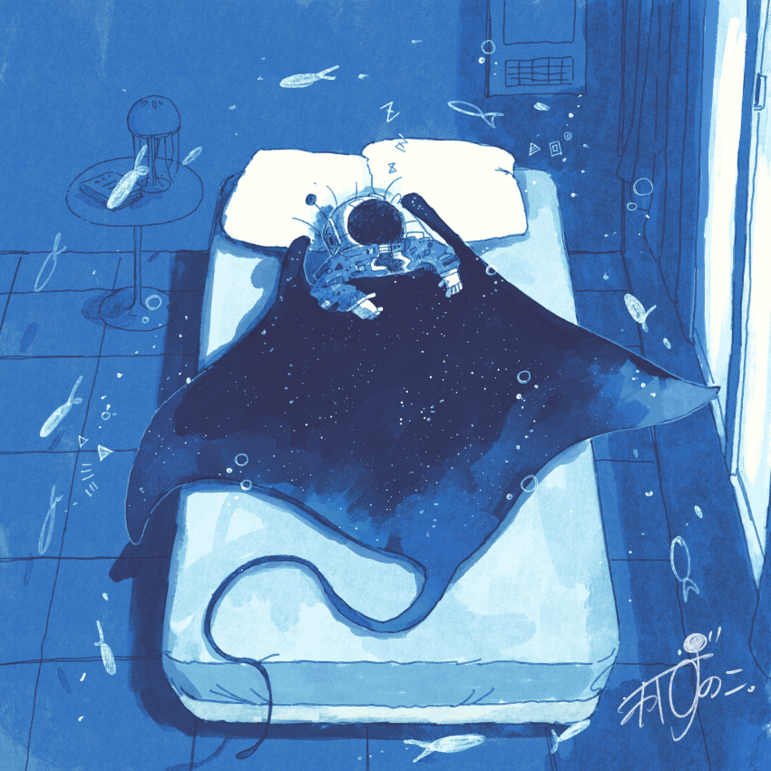 Safebooru - 1other absurdres air bubble artist name bed bed sheet blue ...
