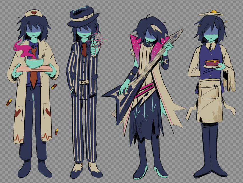 Safebooru - 1other apron blue skin checkered background colored skin ...