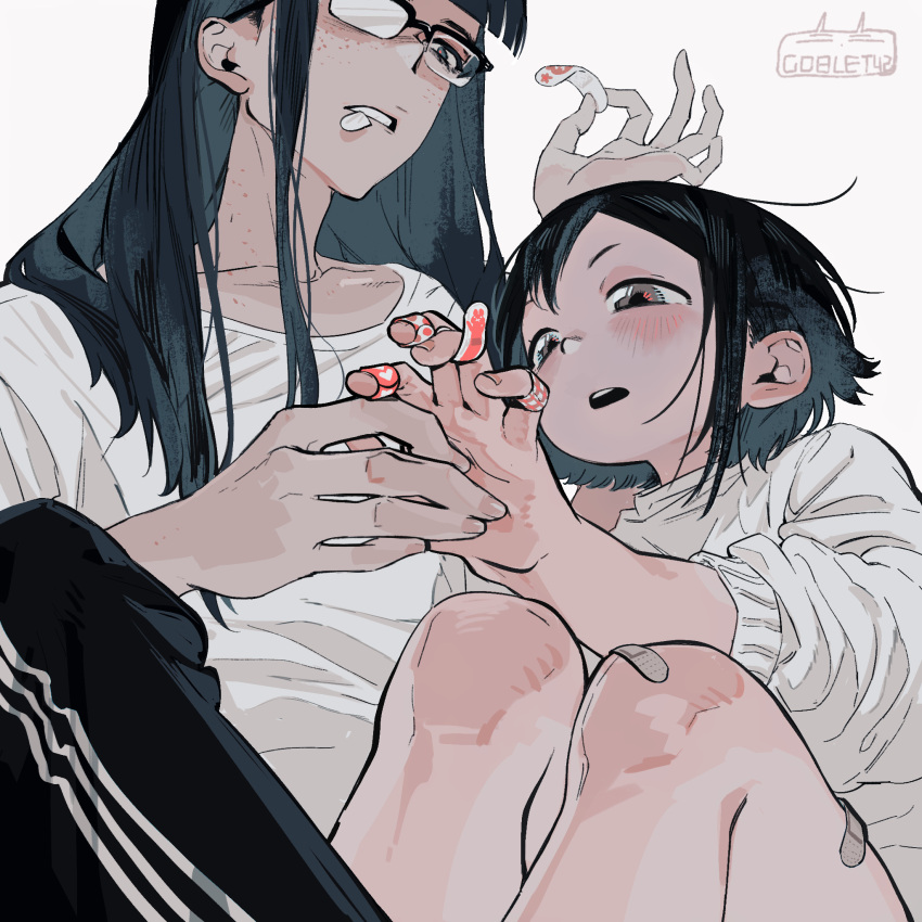 Safebooru - 2girls artist name asakusa midori asymmetrical bangs bandaid bandaid on finger ...