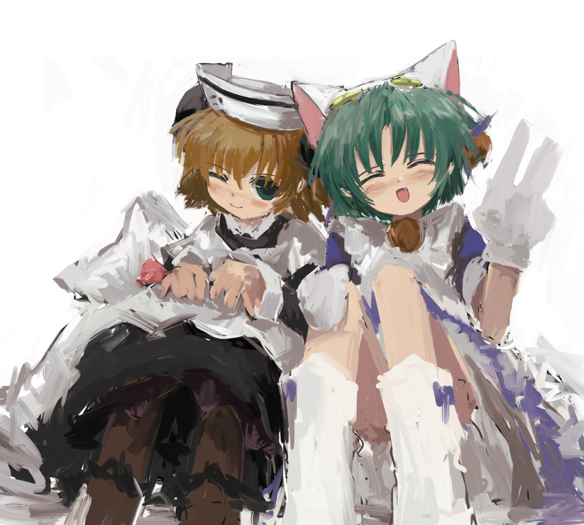 Safebooru - 2girls absurdres animal hat apron black dress blonde hair blue dress boots cat hat ...