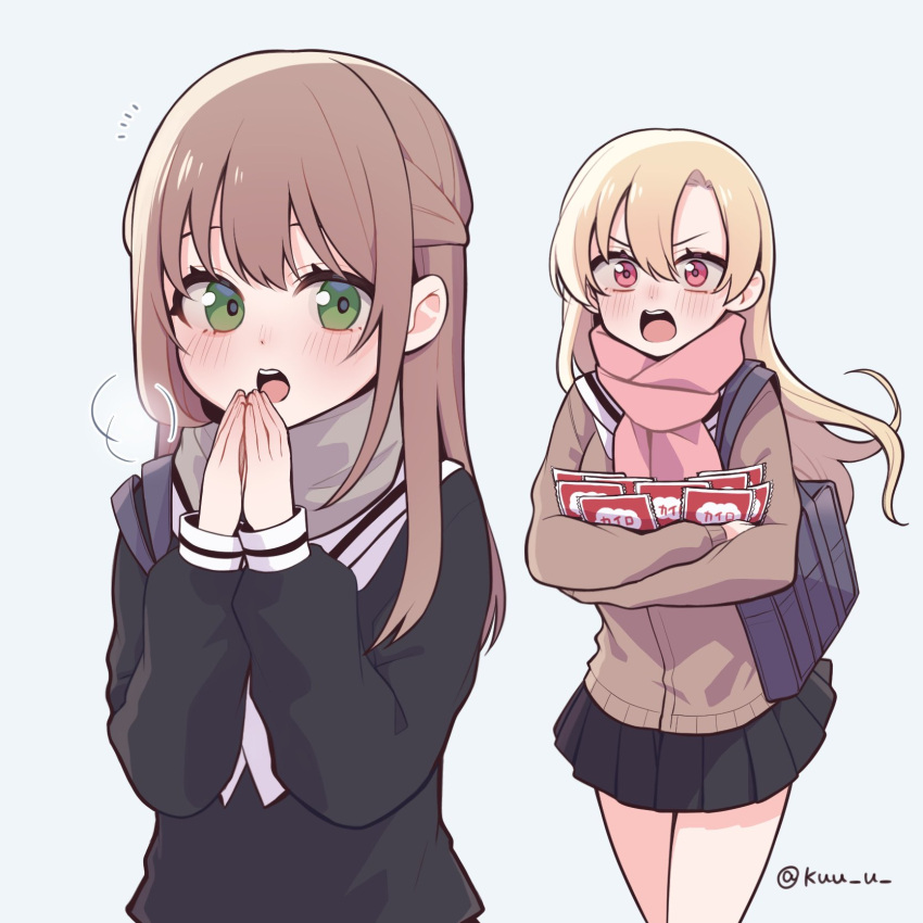 Safebooru - 2girls black serafuku black skirt blonde hair blush breath brown hair brown sweater ...