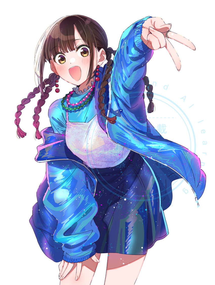 Safebooru - 1girl bead necklace beads blue jacket blue shirt blue skirt blush braid earrings ...