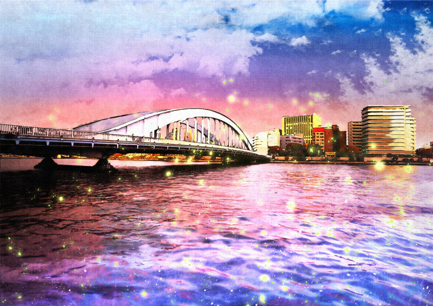 Safebooru - blue sky bridge city cityscape clouds cloudy sky commentary ...