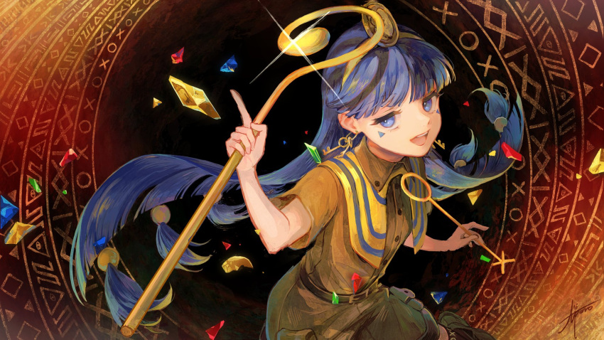 Safebooru - 1girl belt blue eyes blue hair blunt bangs brown shirt crystal earrings facial mark ...