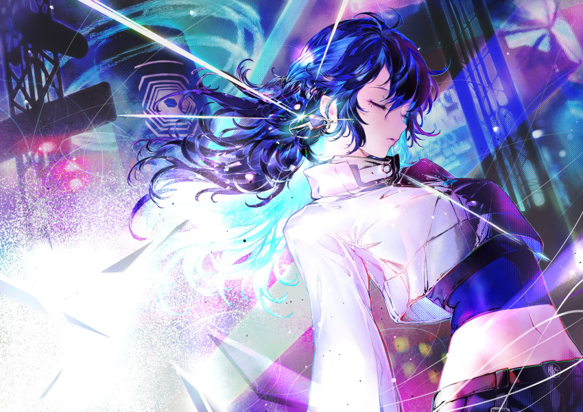 Safebooru - 1girl belt blue hair brown belt closed eyes colored inner hair earrings floating ...