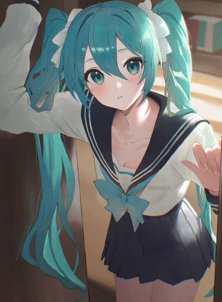Safebooru - 1girl aqua bow aqua eyes aqua hair black sailor collar black skirt blue skirt blurry ...
