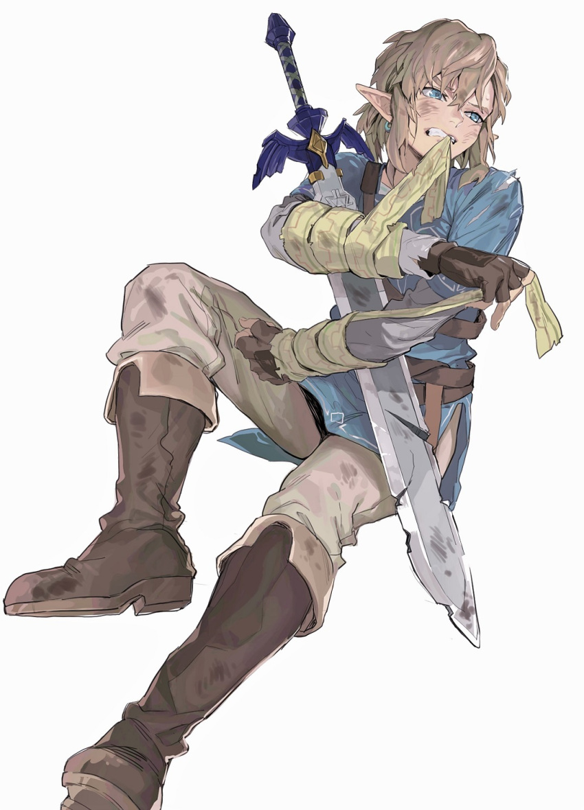 Safebooru - 1boy bandaged arm bandages blue eyes blue tunic boots brown boots brown hair ...