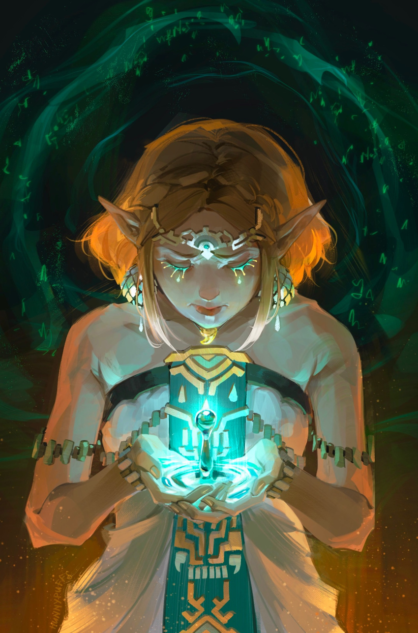 Safebooru - 1girl archaic set (zelda) bare shoulders blonde hair circlet closed mouth dress ...