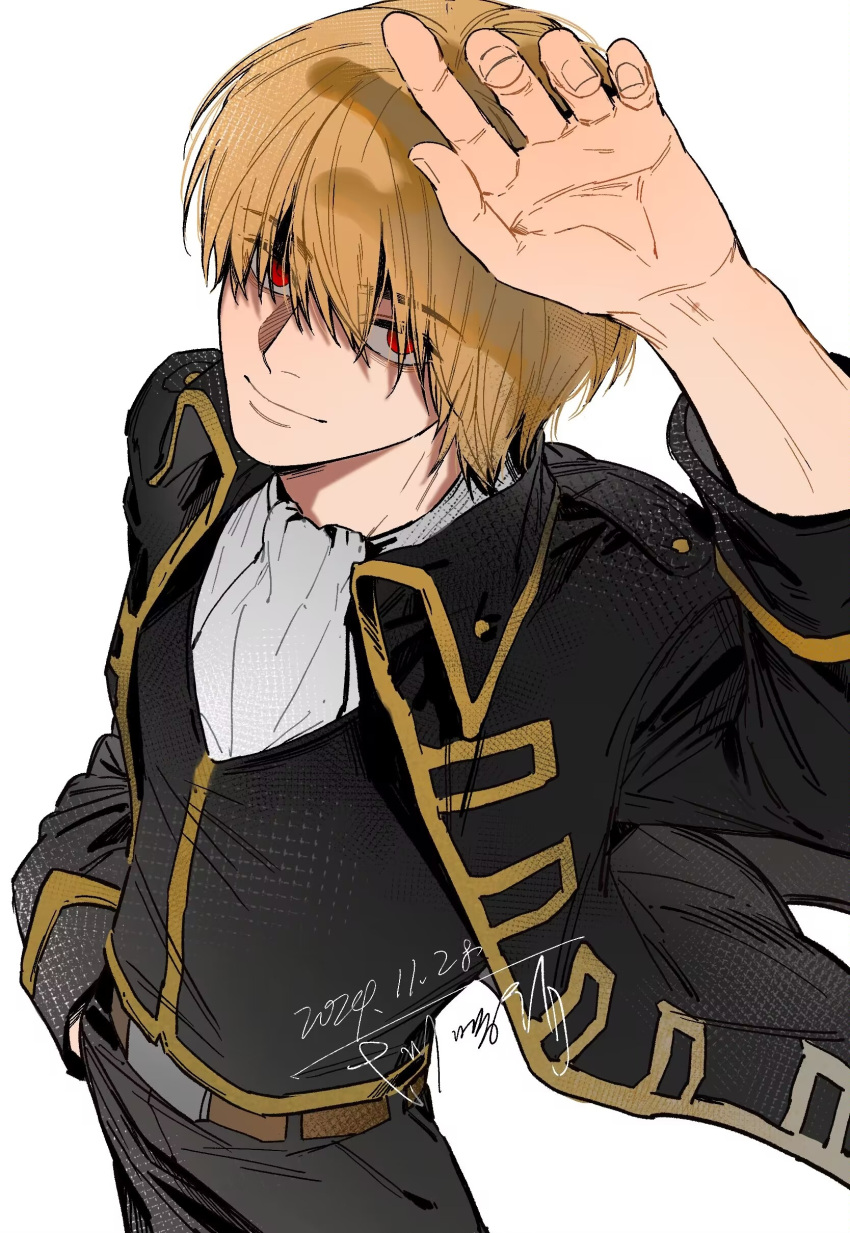 Safebooru - 1boy absurdres arm up ascot belt belt buckle black jacket black pants black vest ...