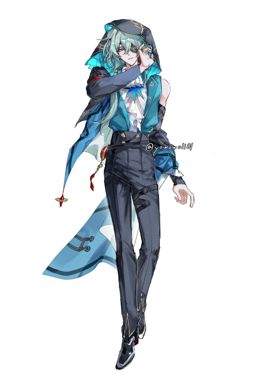 Safebooru - 1boy absurdres anaxa (honkai: star rail) black hood black pants black shoes eyepatch ...