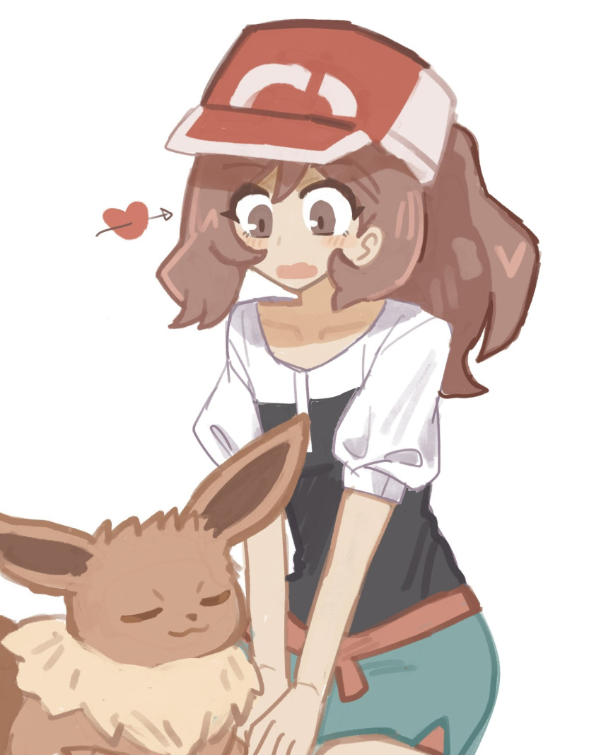Safebooru - 1girl black shirt blue shorts blush brown eyes brown hair eevee elaine (pokemon ...