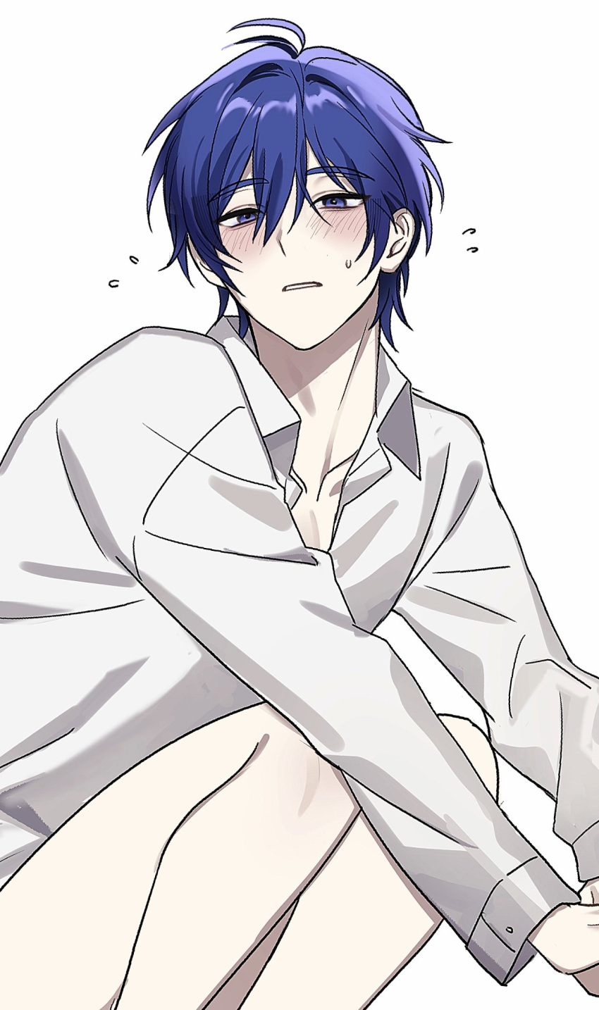 Safebooru - 1boy blue eyes blue hair blush bottomless collared shirt commentary request feet out ...
