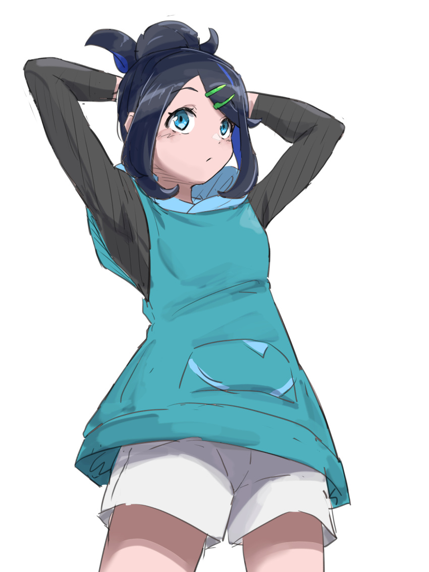 Safebooru - 1girl black hair black shirt blue eyes blue hair blue hoodie closed mouth cowlick ...