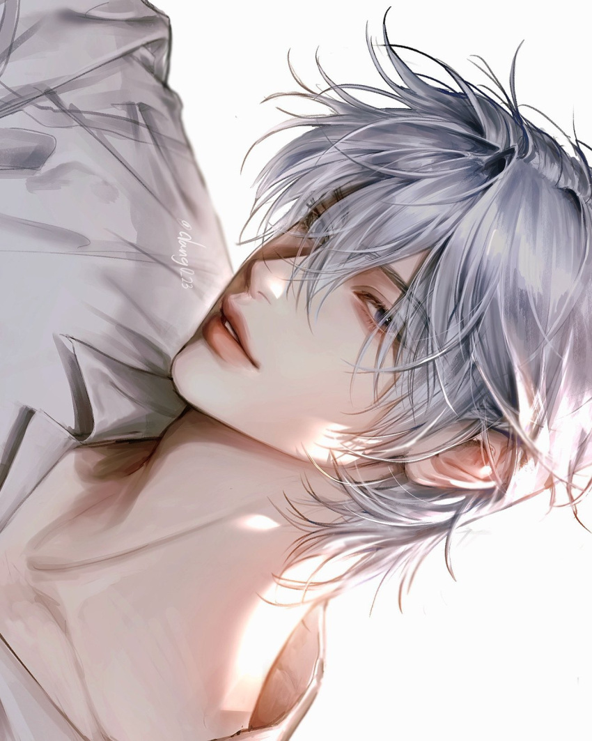 Safebooru - 1boy collarbone commentary dang0 23 eyeshadow grey eyes grey hair hair between eyes ...