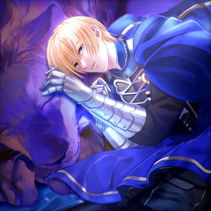 Safebooru - 1boy animal armor armored gloves black pants black shirt blonde hair blue cape blue ...