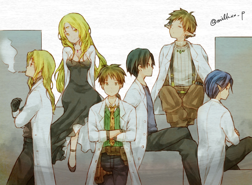 Safebooru - 1girl 4boys black dress blonde hair blue hair bowman jean ...